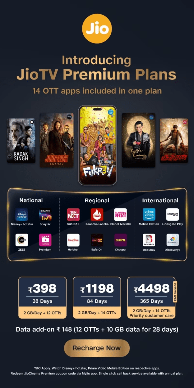Jio New Premium Plans Launched: You will get free subscription of 14 OTT apps, know plans ...